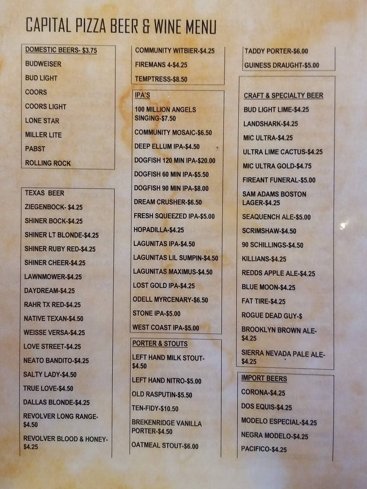 Menu at Capital Pizza pub & bar, Lubbock, Slide Rd