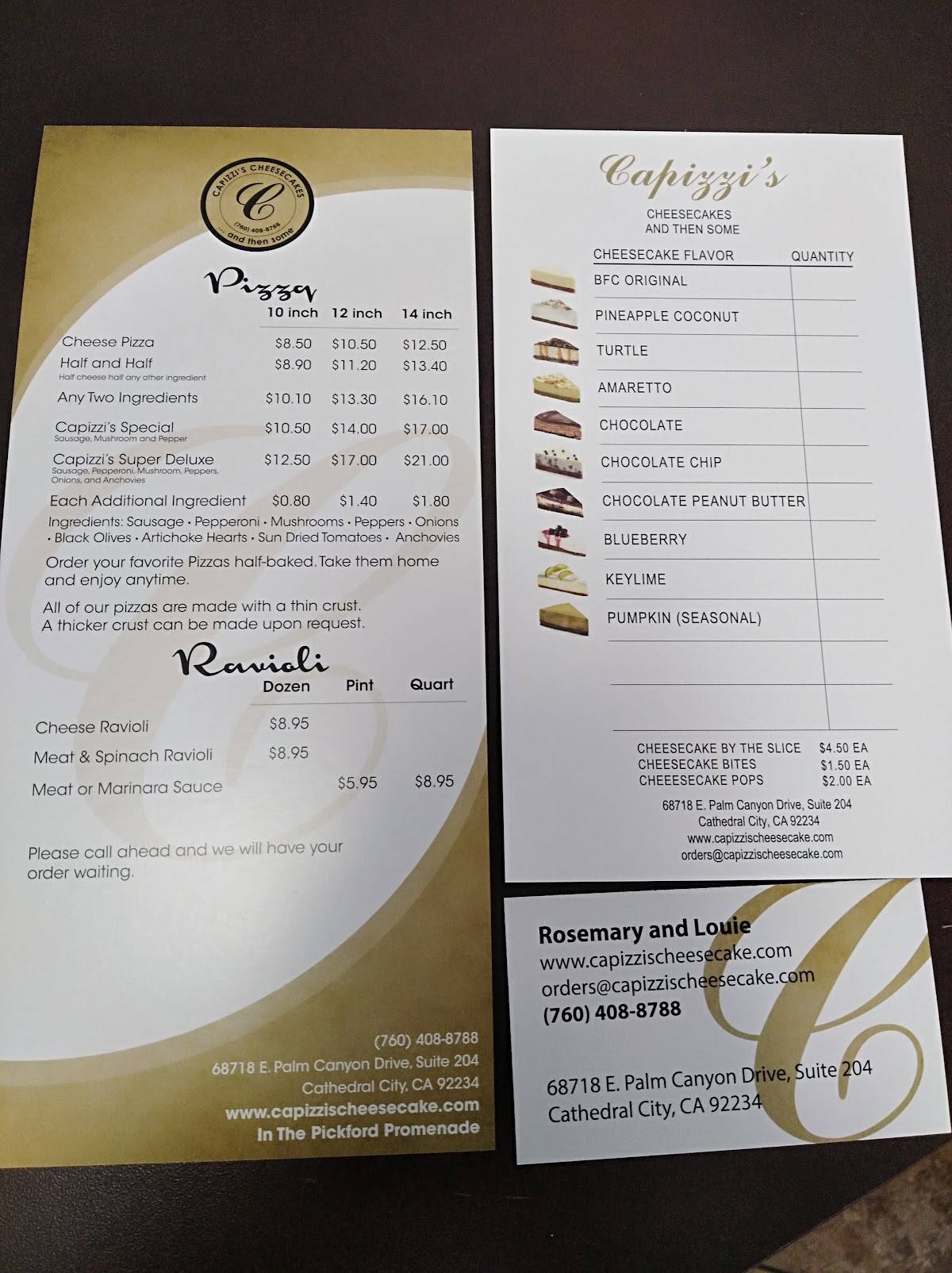 Menu at Capizzi's Cheesecakes Pizza...and then some pizzeria, Cathedral ...