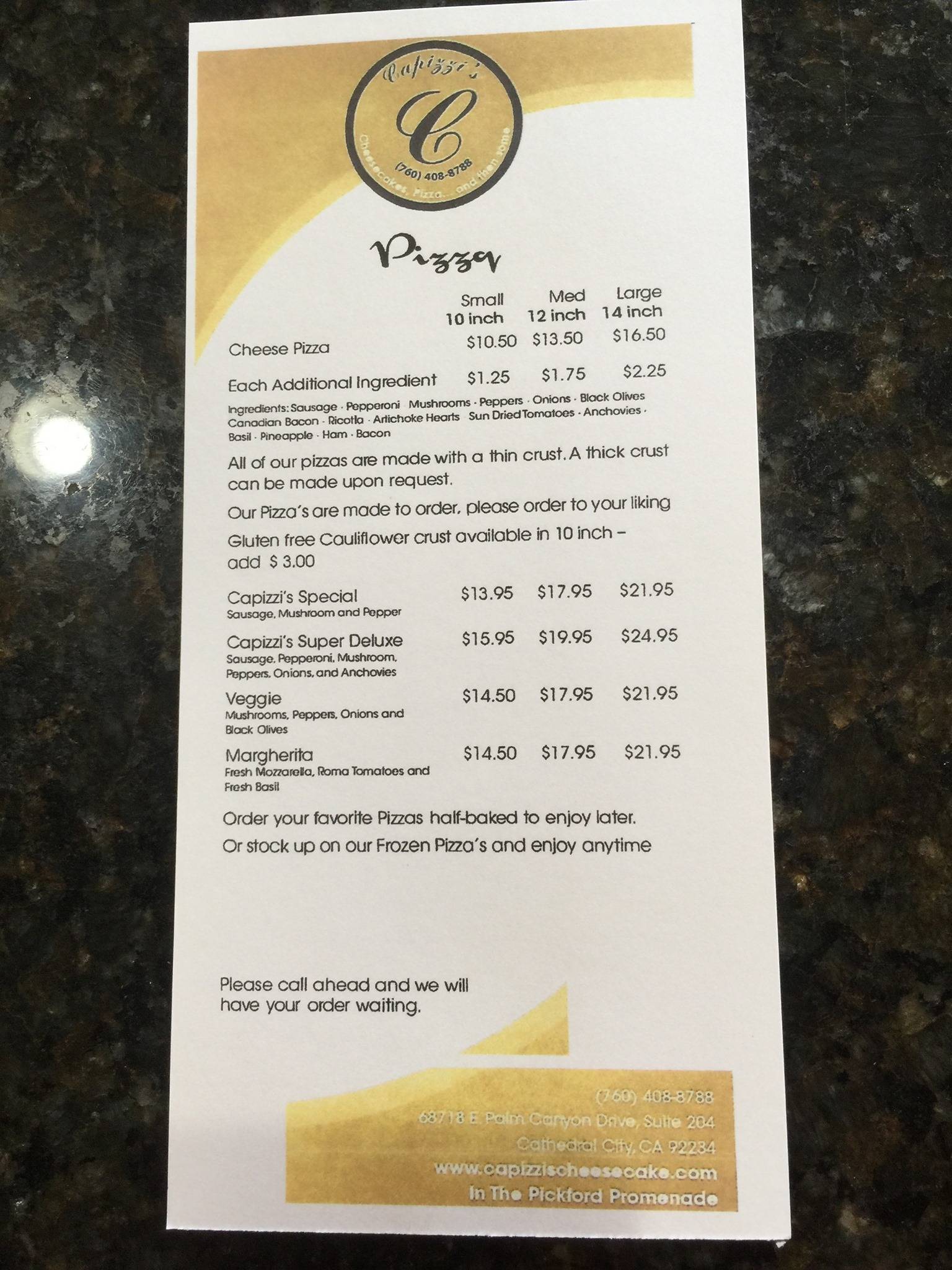Menu at Capizzi's Cheesecakes Pizza...and then some pizzeria, Cathedral ...