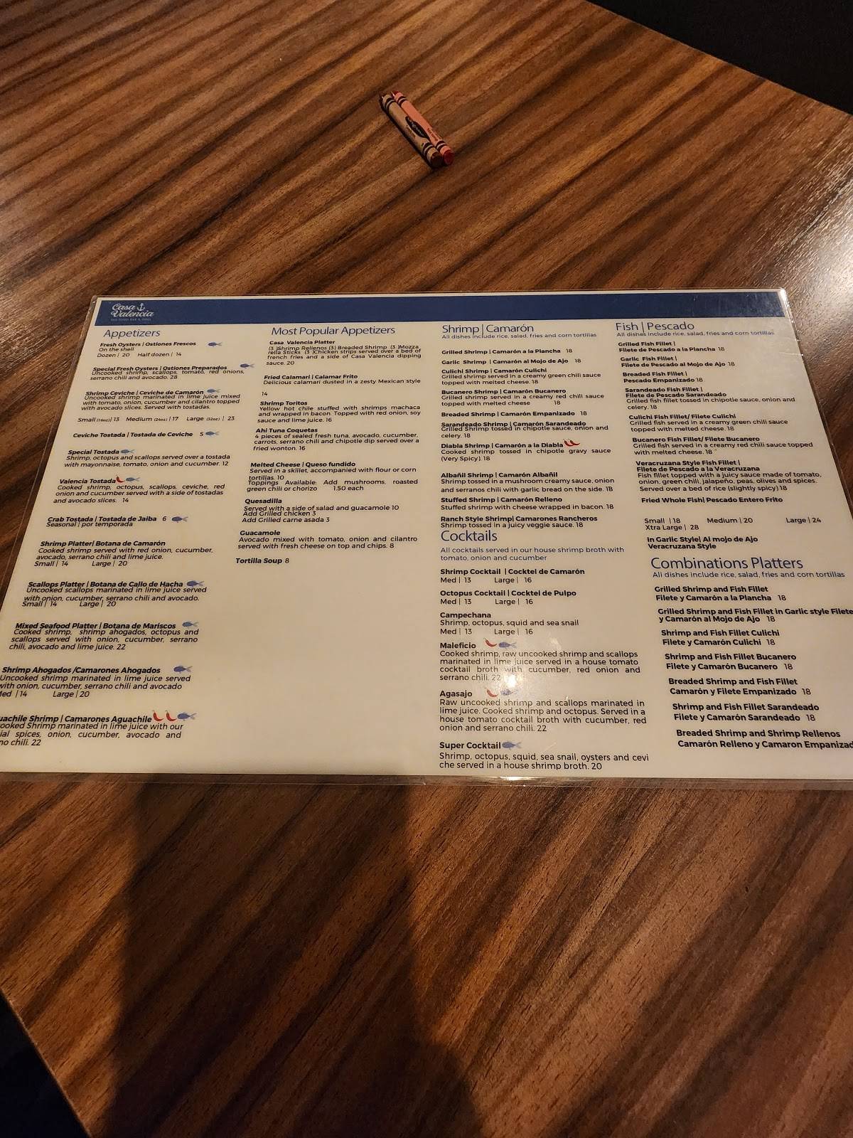 Menu at Casa Valencia Mexican Seafood, Bar & Grill, Tucson, W Valencia Rd