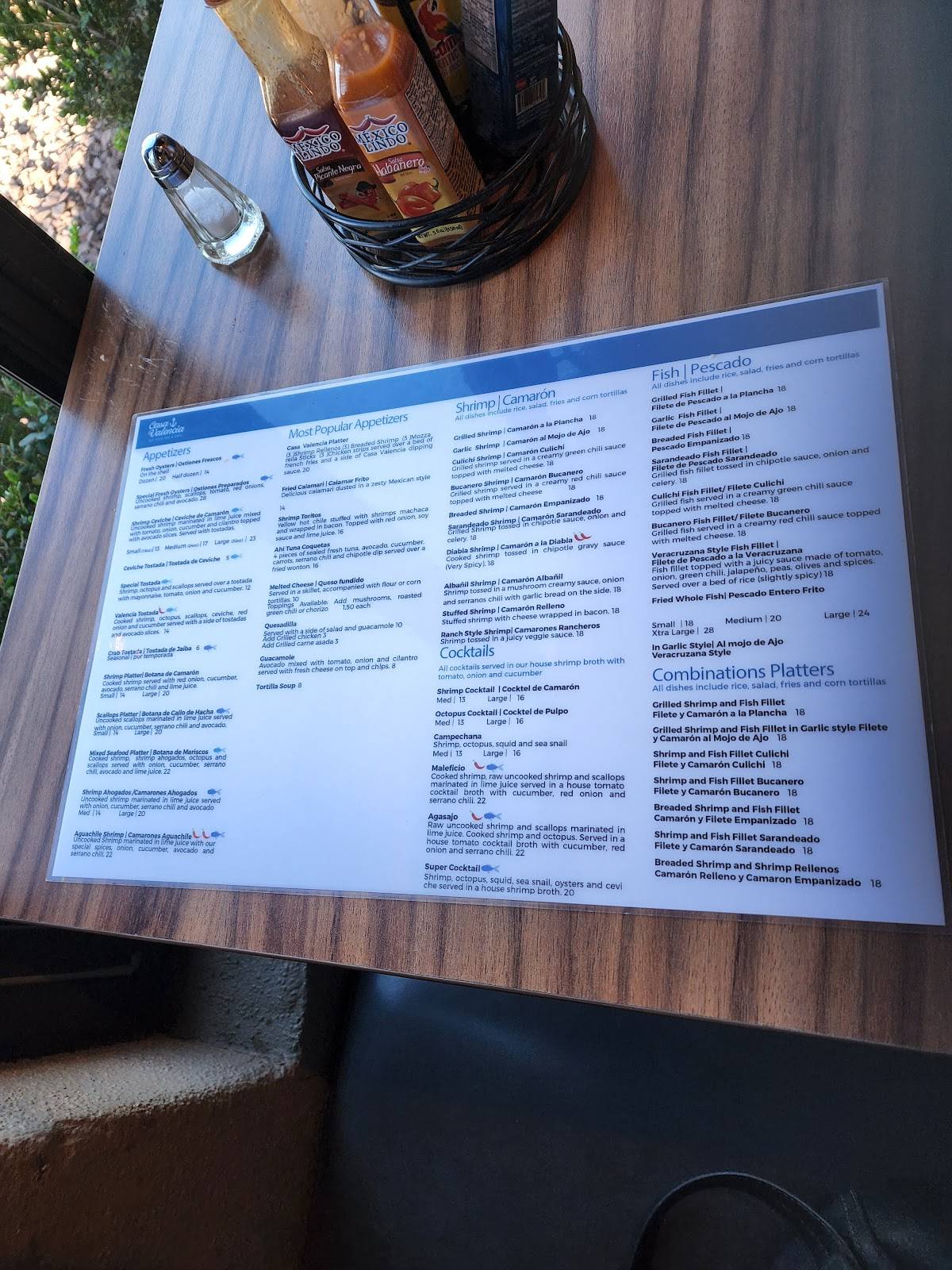 Menu at Casa Valencia Mexican Seafood, Bar & Grill, Tucson, W Valencia Rd
