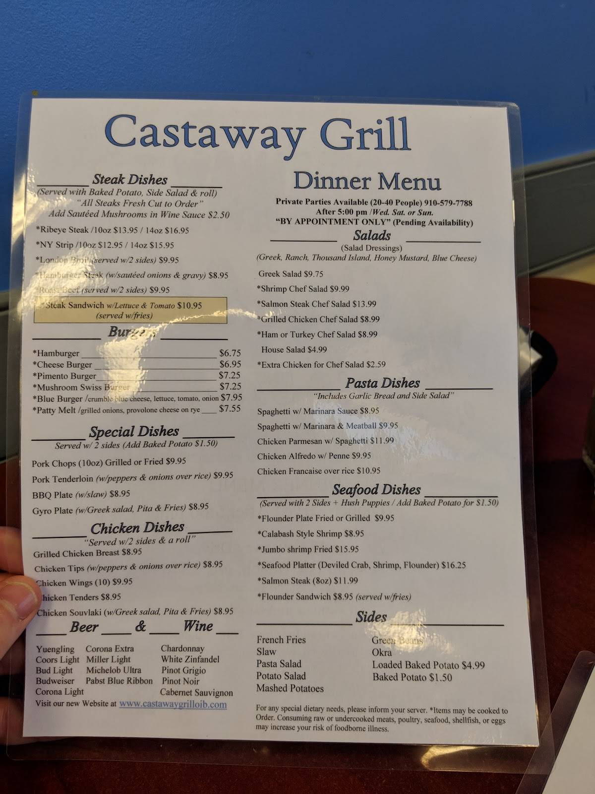 Menu at Castaway Grill restaurant, Ocean Isle Beach