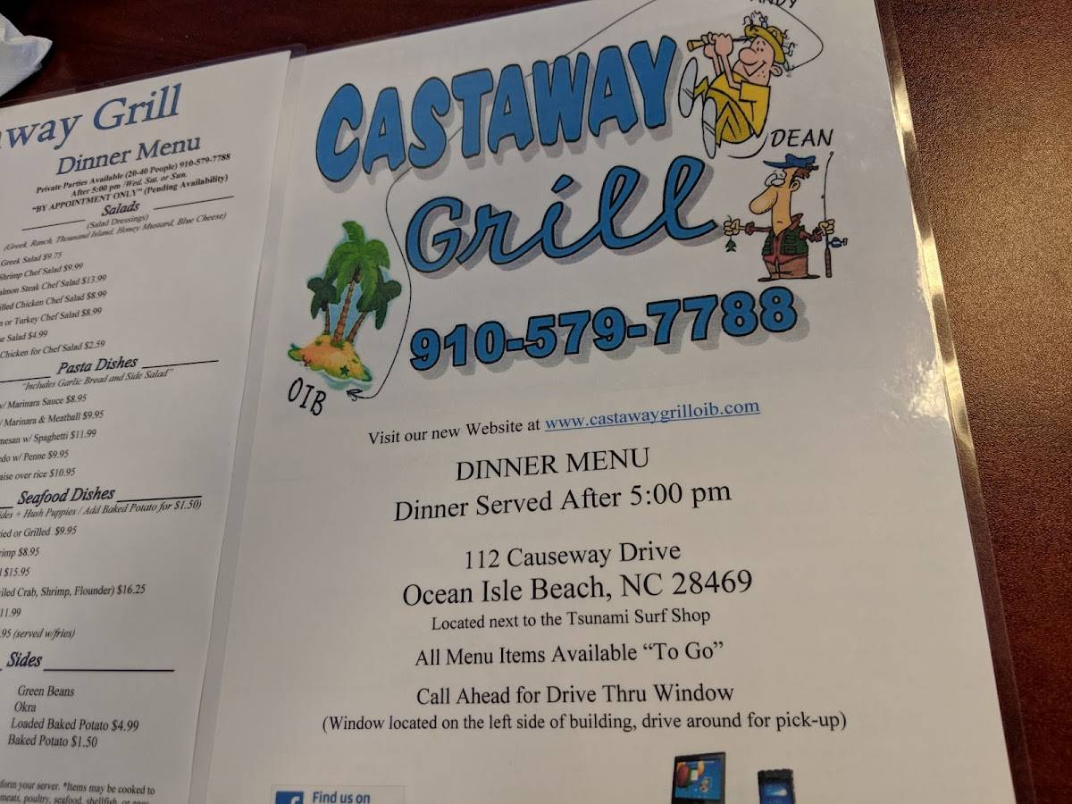 Menu at Castaway Grill restaurant, Ocean Isle Beach