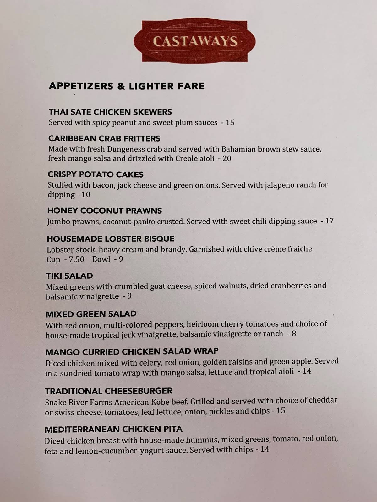 Menu at Castaways Global Cuisine restaurant, Cannon Beach