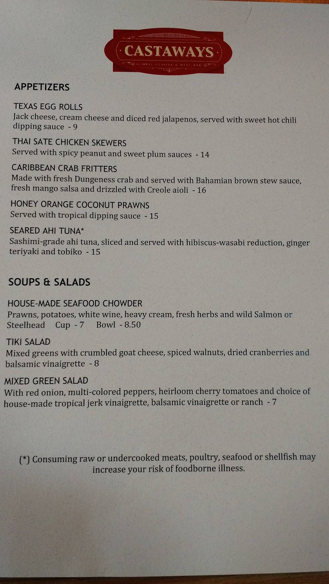 Menu at Castaways Global Cuisine restaurant, Cannon Beach