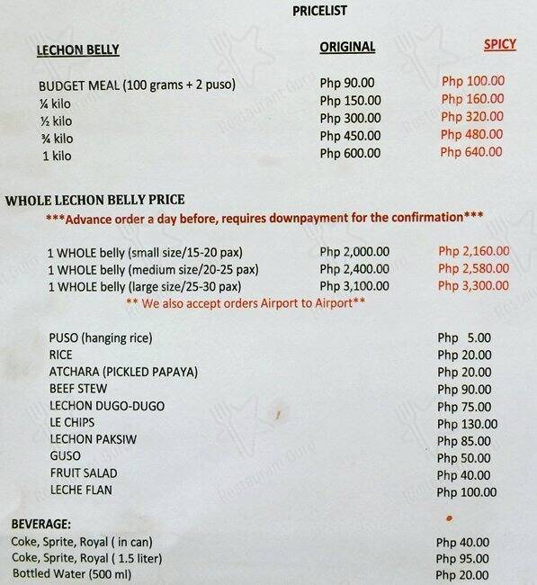 Carta del restaurante Cebu's Original Lechon Belly, Cebú, 8WG8+5WJ ...
