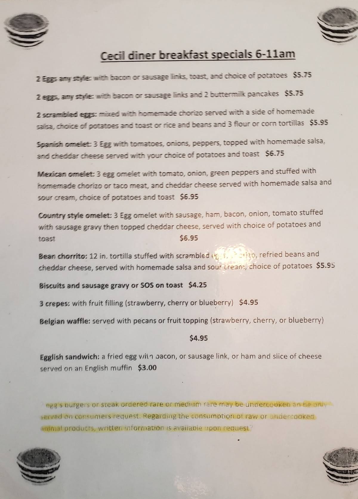 Menu at Cecil Diner restaurant, Cecil