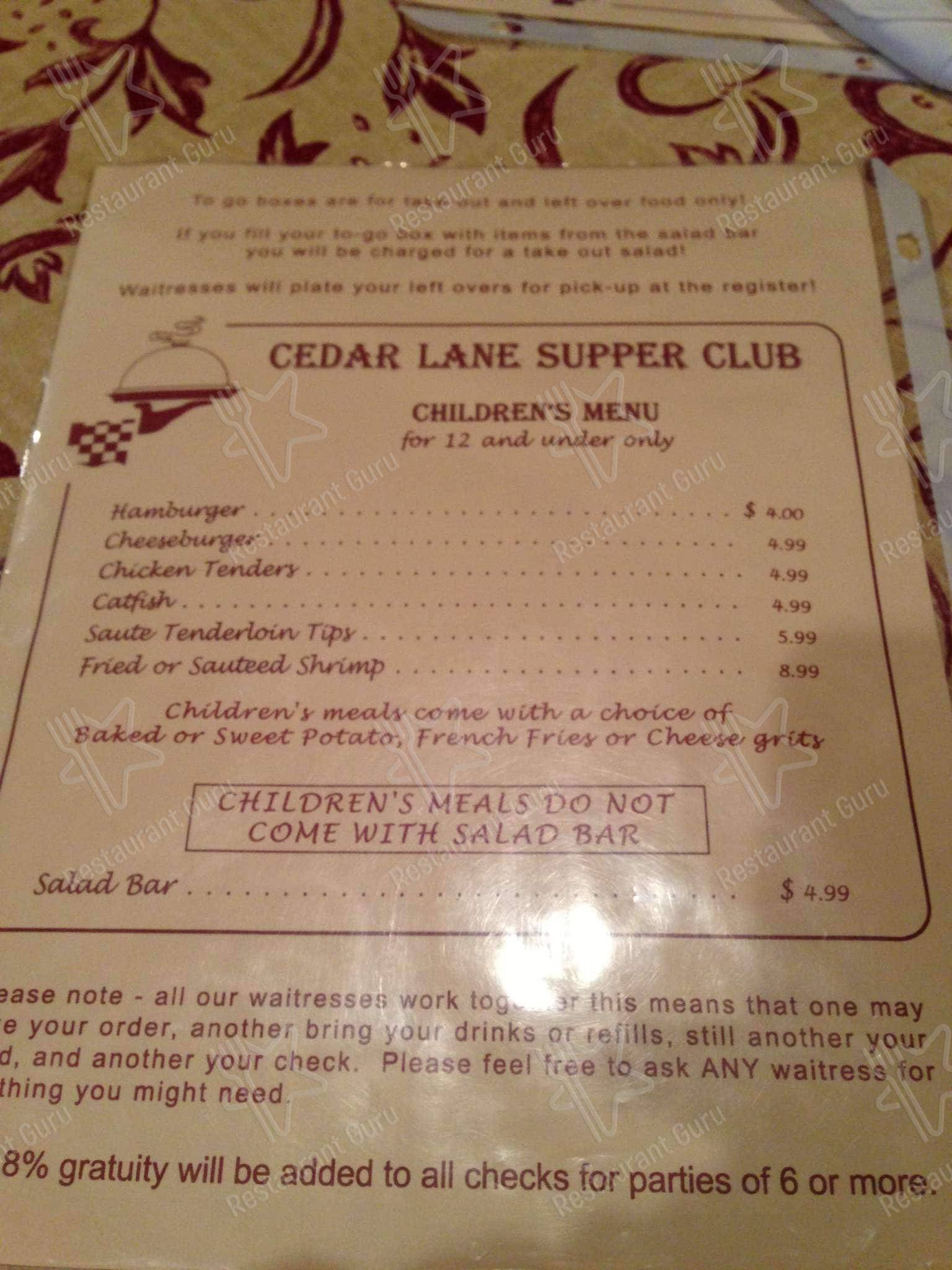 Menu at Cedar Lane Supper Club, McRae
