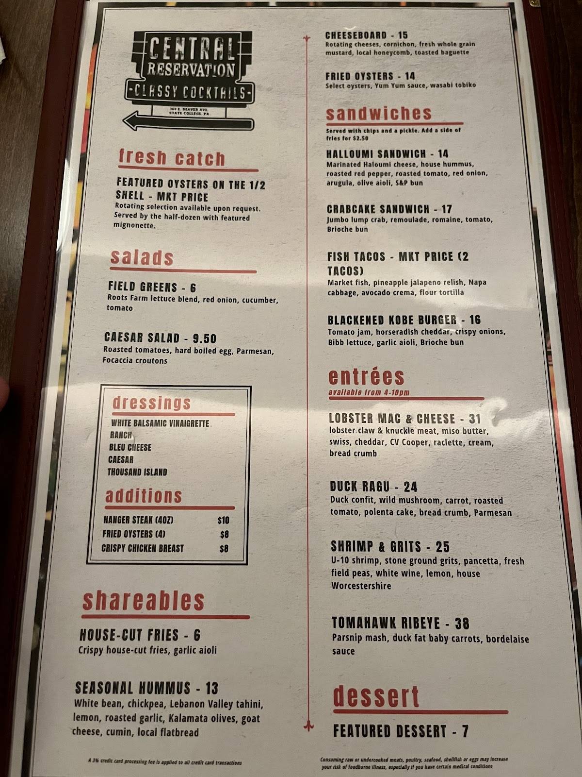 Menu at Central Reservation pub & bar, State College