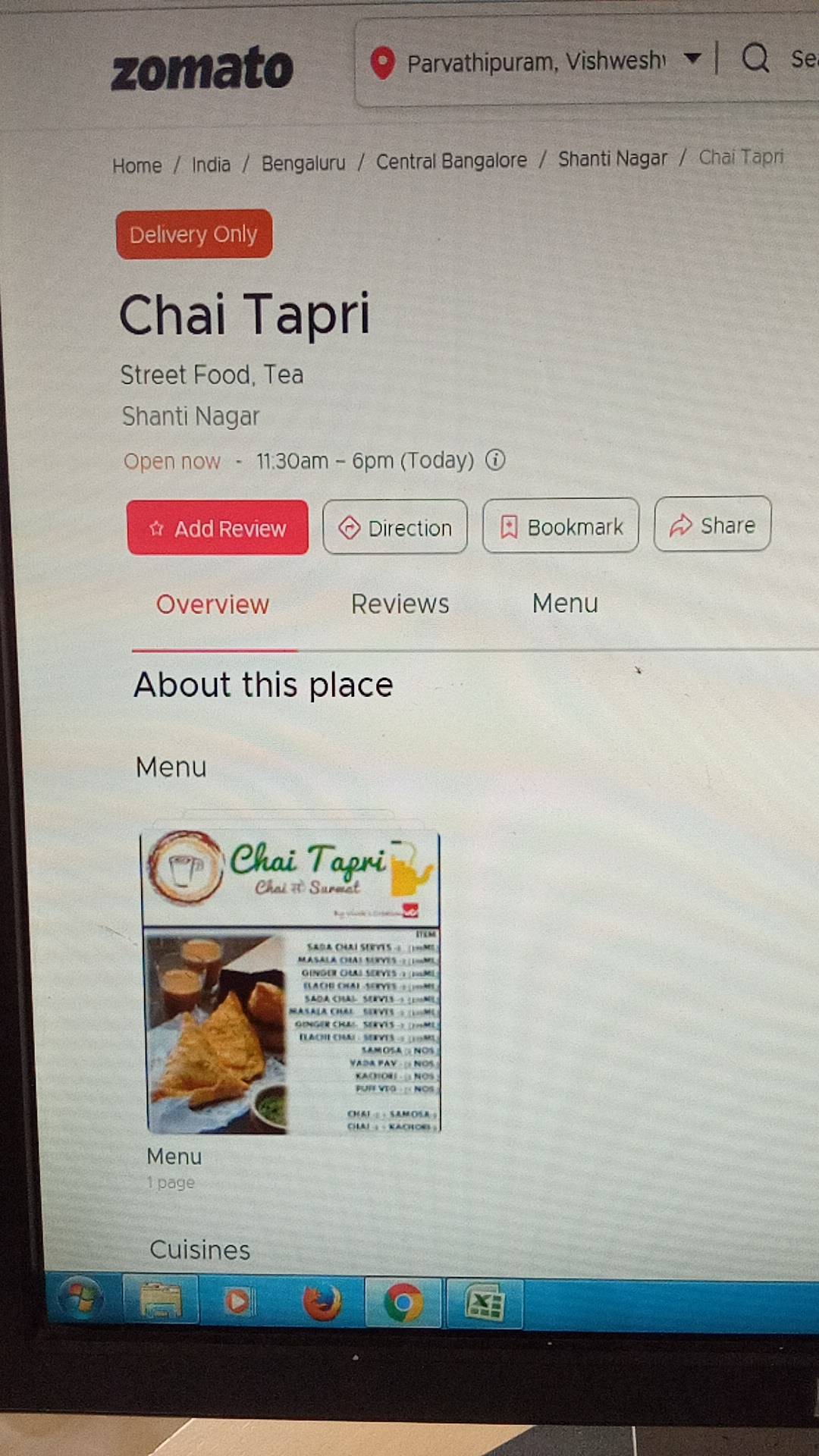 Menu at Chai Tapri, Bengaluru