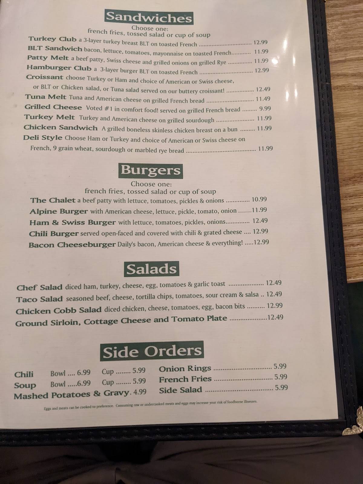 Menu at The Chalet Restaurant, Spokane