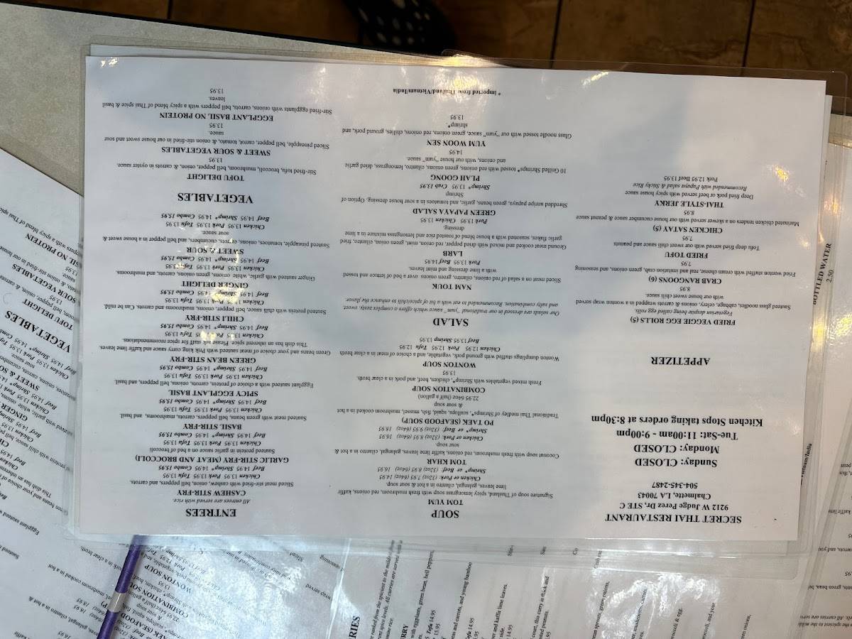 Menu at Secret Thai Restaurant, Chalmette