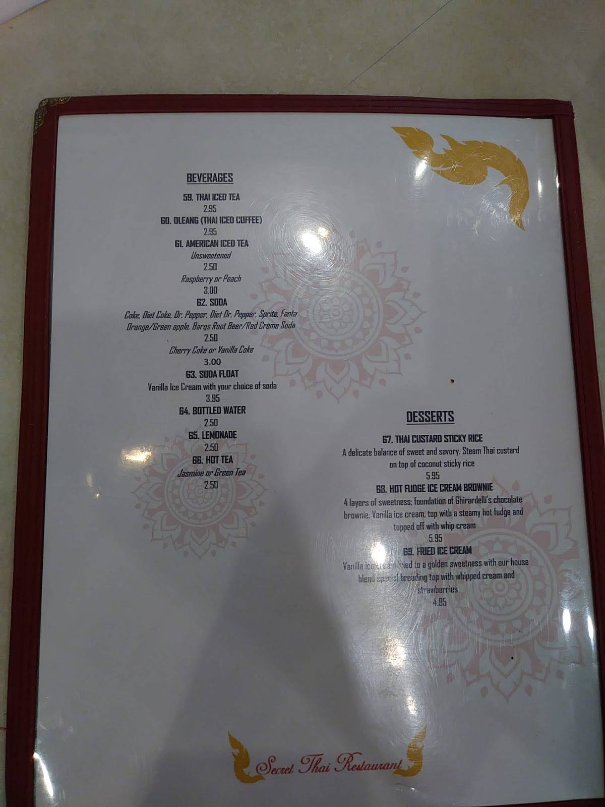 Menu at Secret Thai Restaurant, Chalmette