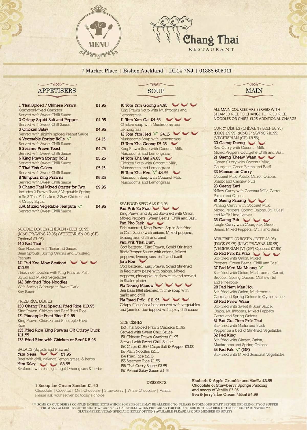 Menu at Chang Thai restaurant, Bishop Auckland