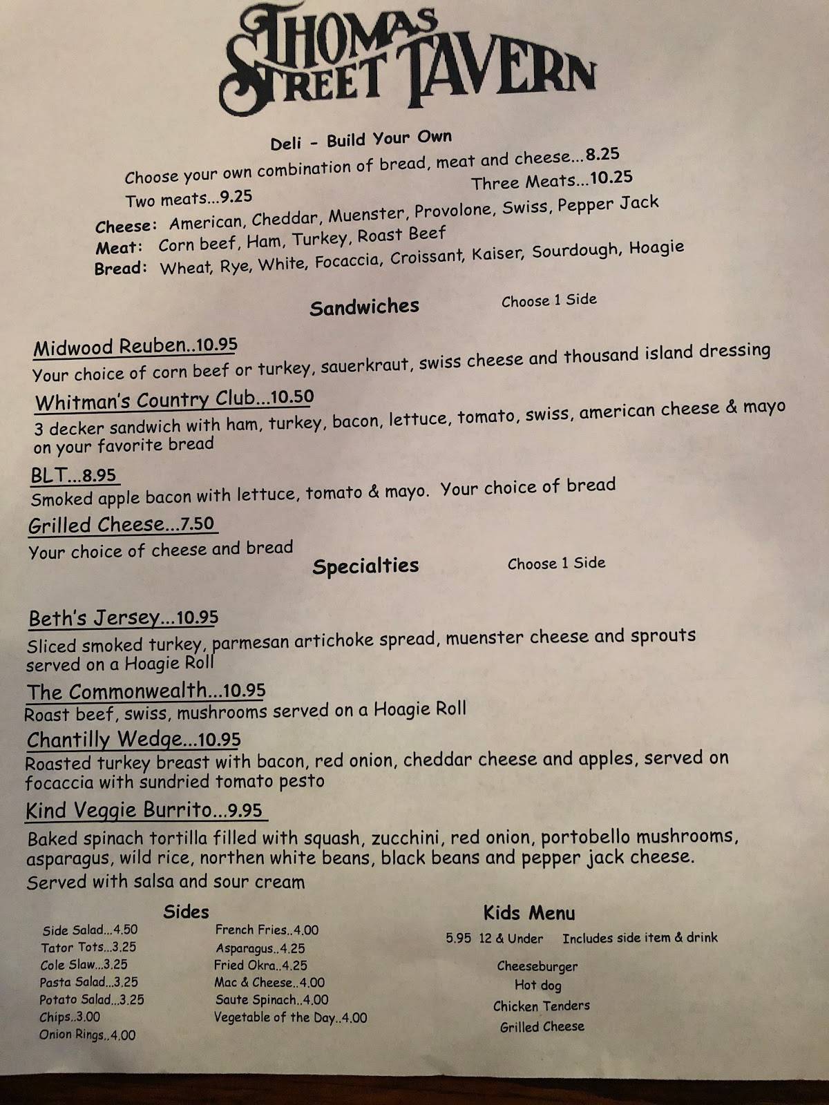 Menu at Thomas Street Tavern pub & bar, Charlotte