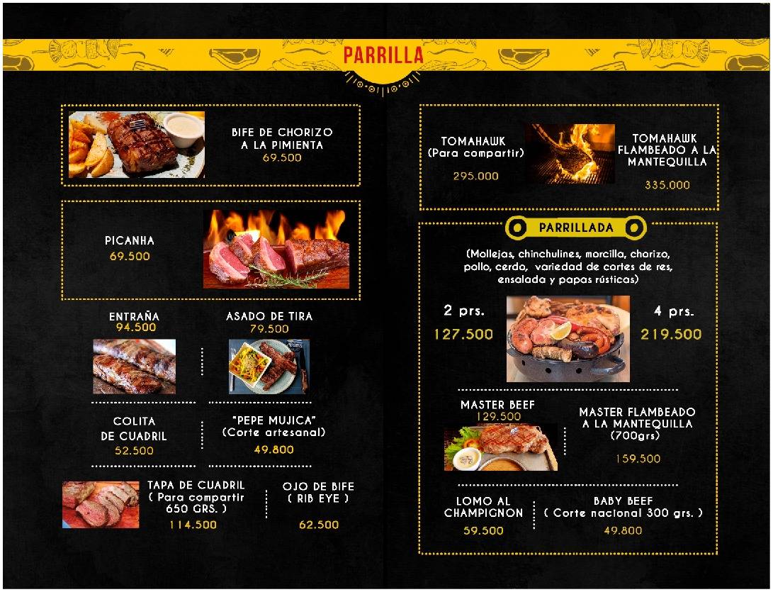 Carta de Charrua’s Parrilla, Cali, Cl. 18 #105-75