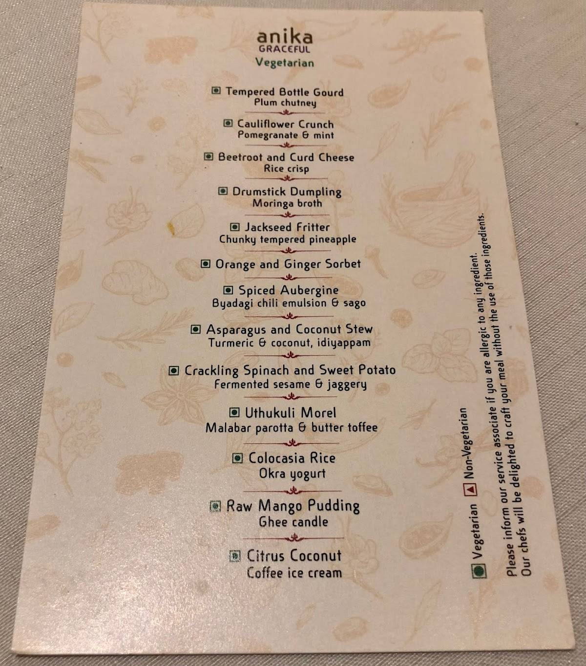 Menu at Avartana, Chennai