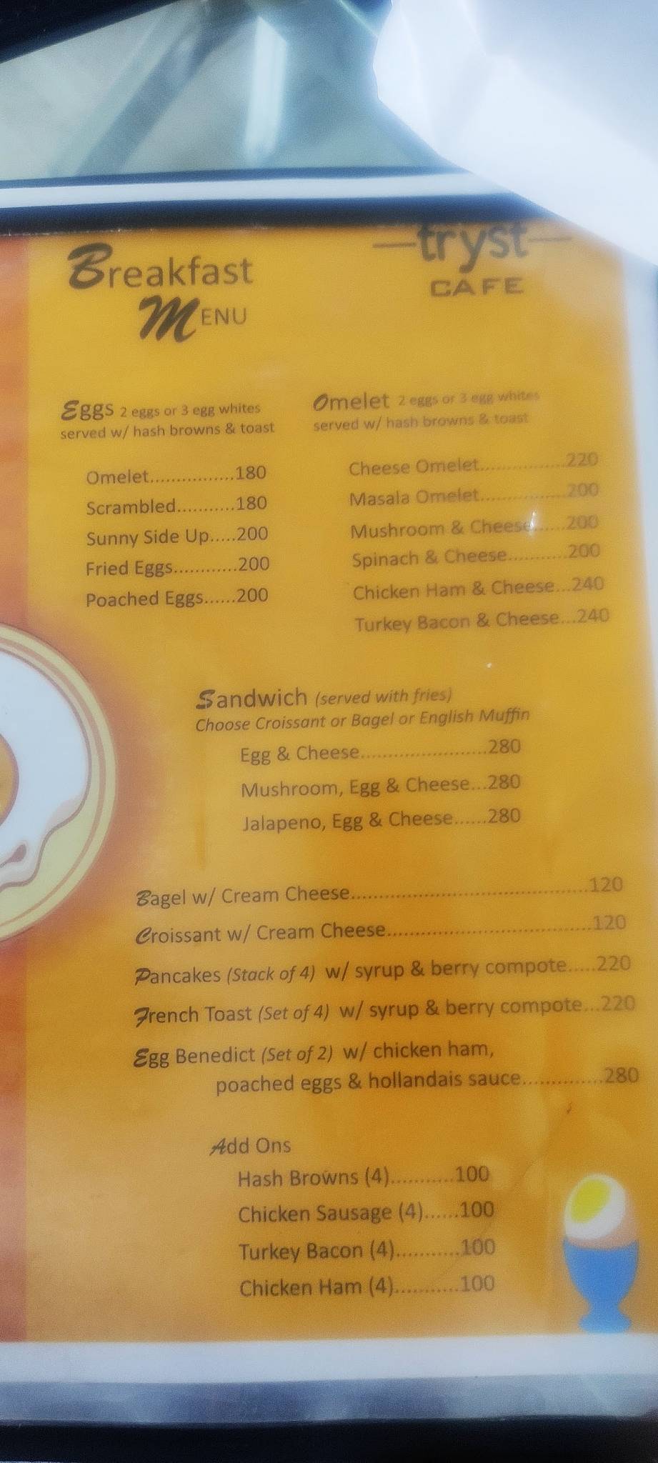 Menu at Tryst Cafe, Chennai, 359