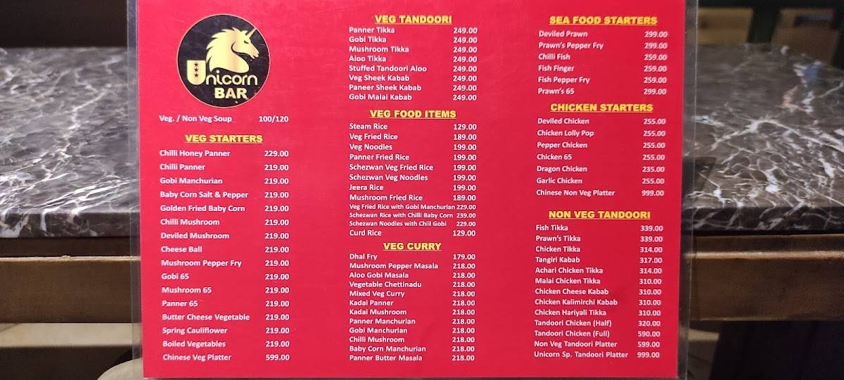 Menu at Unicorn Bar, Chennai, 16/33