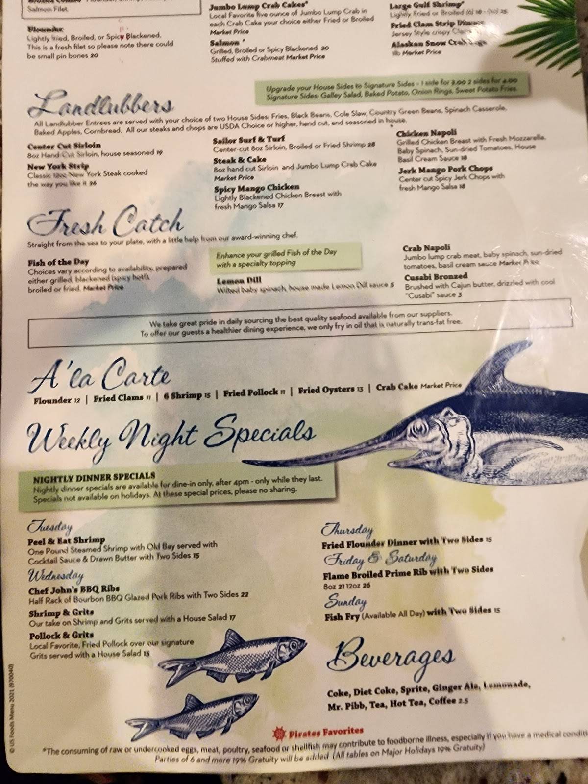 Menu at Pirate's Cove Restaurant, Chesapeake