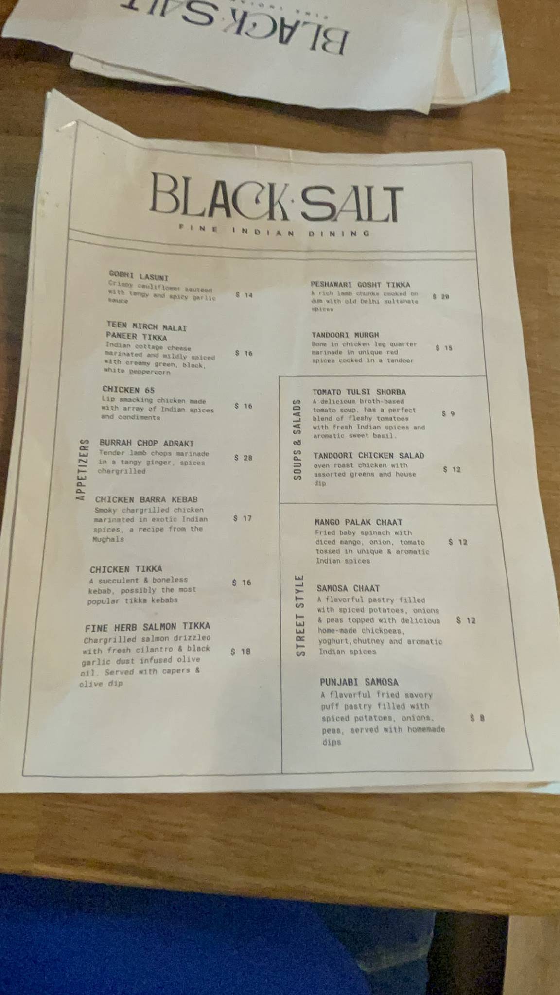 Menu at Black Salt restaurant, Chesterfield