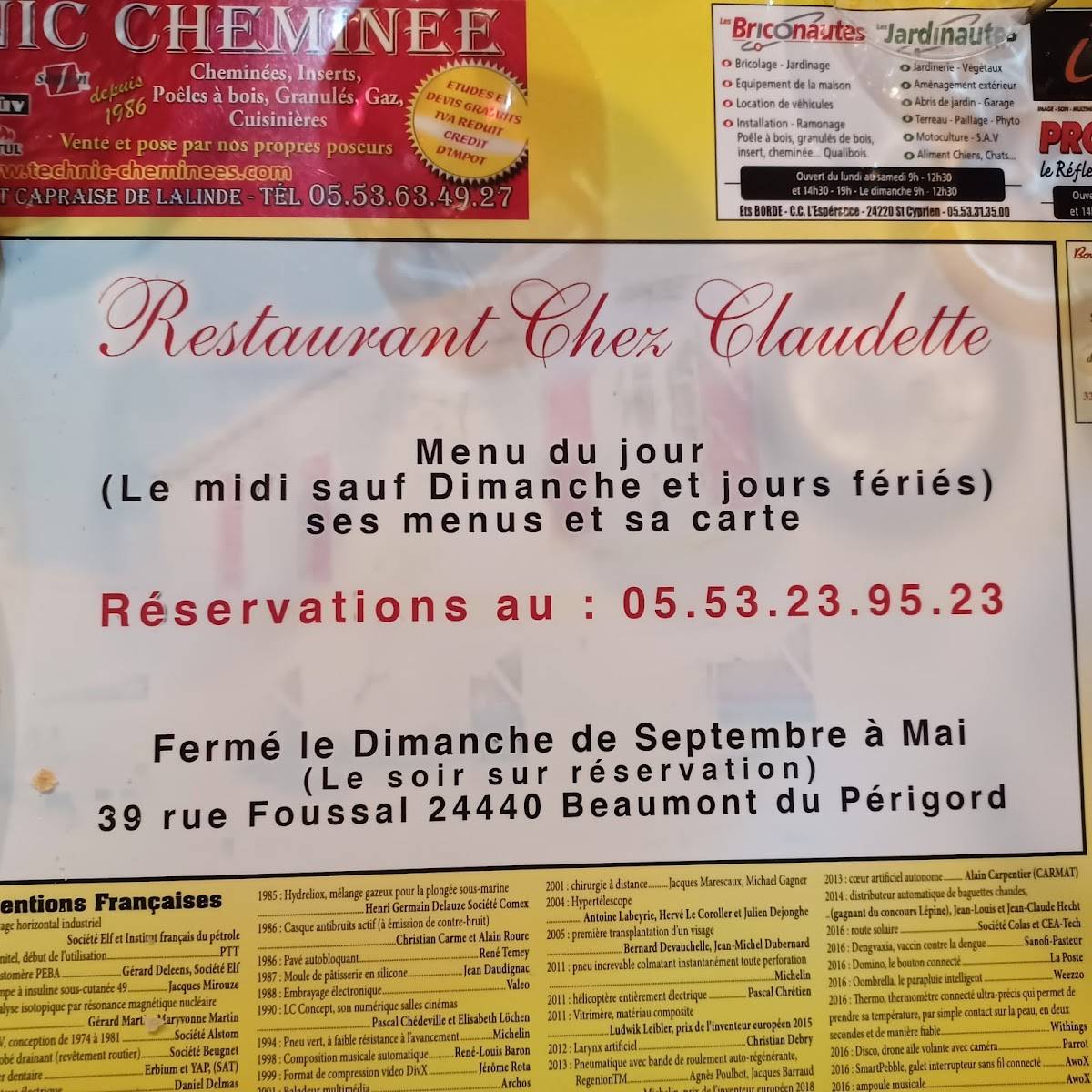 Menu au Chez Claudette restaurant, Beaumont-du-Périgord, Rue Foussal