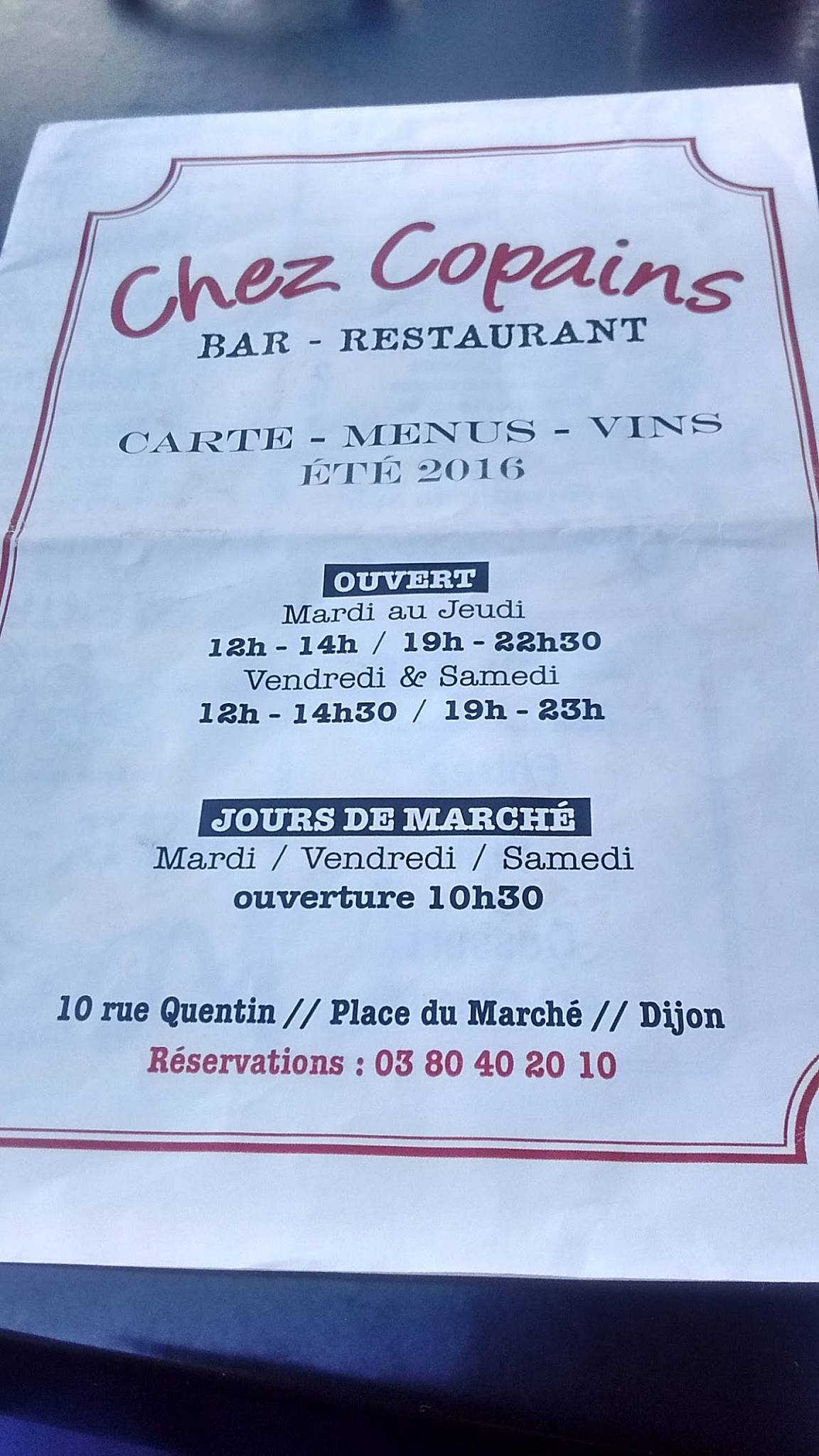 Menu au Chez Copains pub et bar, Dijon, 10 Rue Quentin
