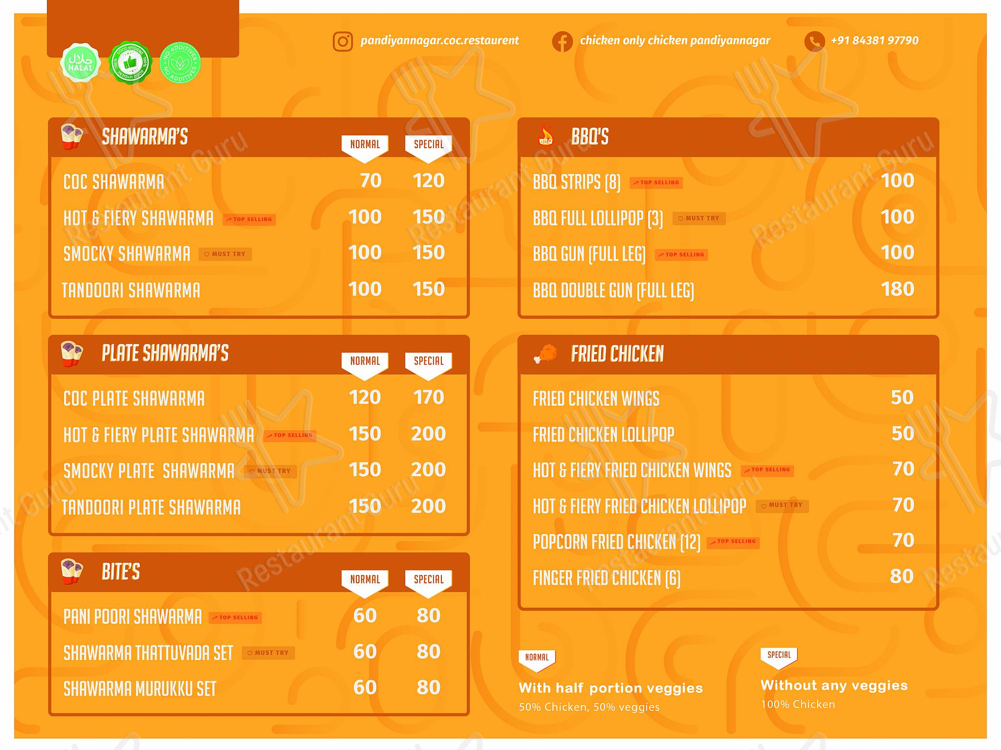 Menu at Chicken Only Chicken Restaurant, Tiruppur