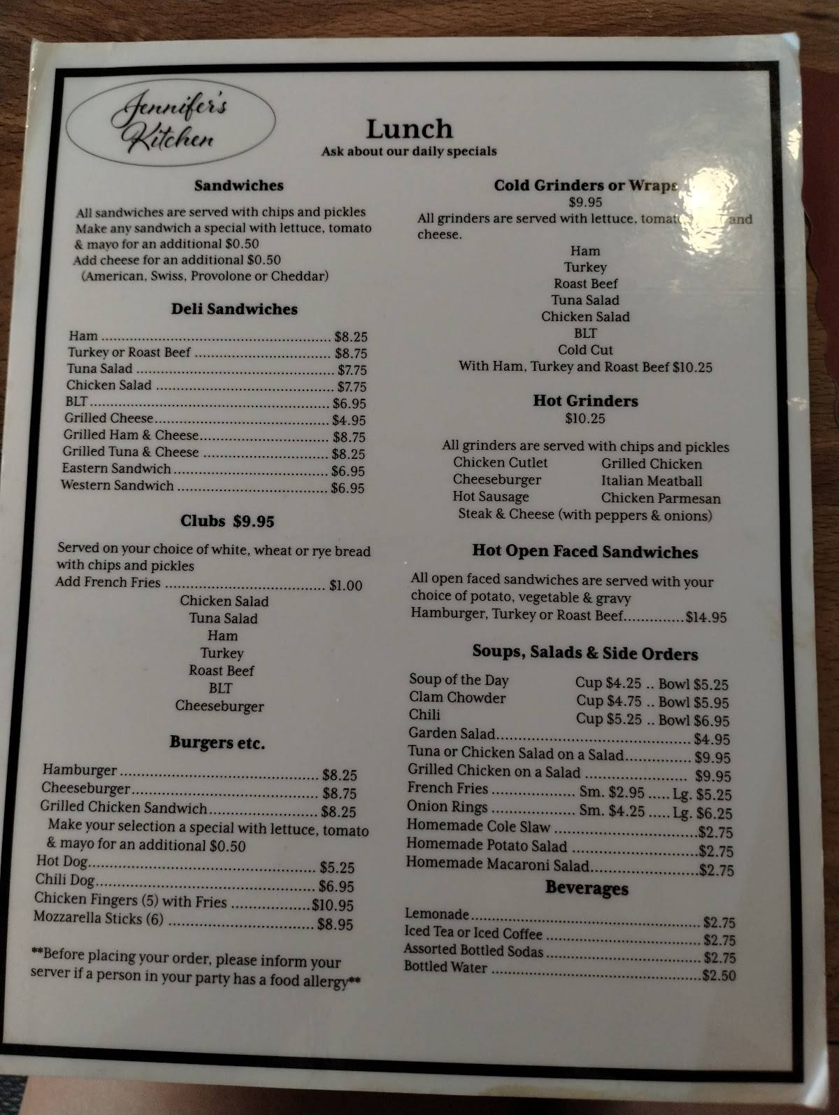 Menu at Jennifer's Kitchen restaurant, Chicopee