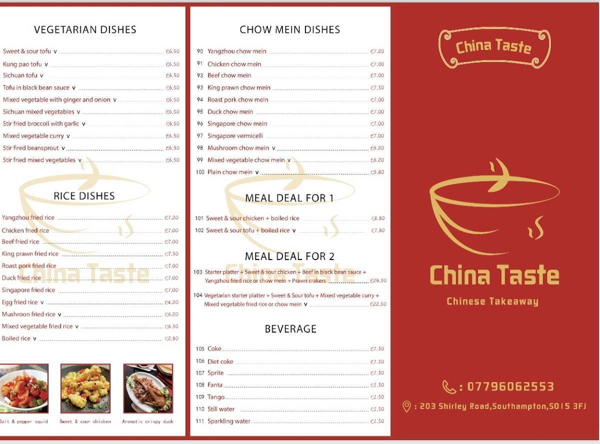 Menu at China Taste restaurant, Southampton