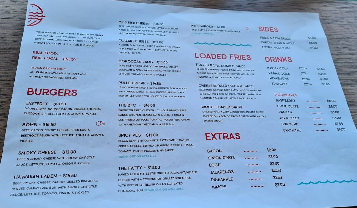 Menu at The Burger Joint restaurant, Christchurch, 78 Brighton Mall