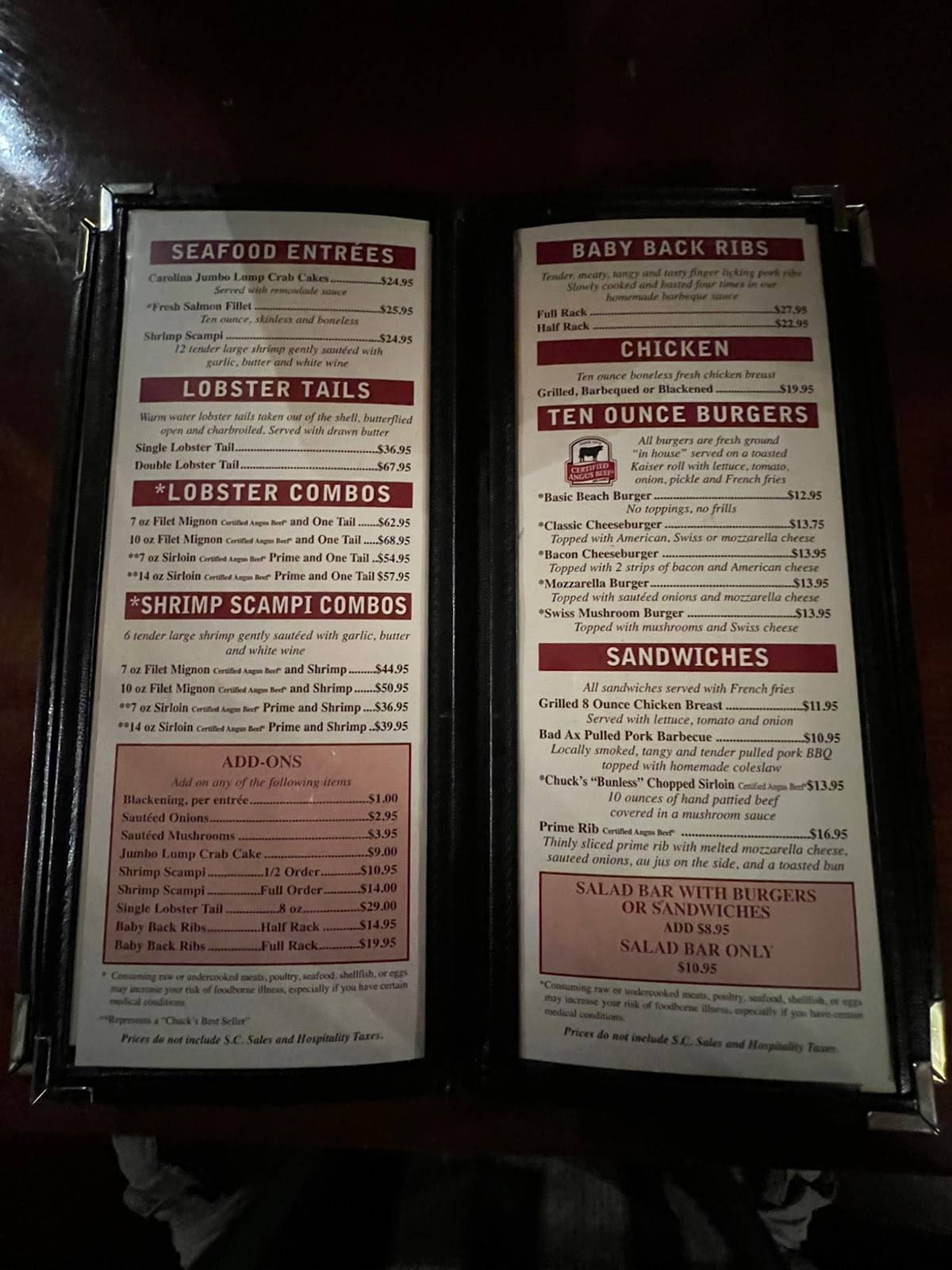 Menu at Chuck's Steak House, Myrtle Beach steakhouse, Myrtle Beach