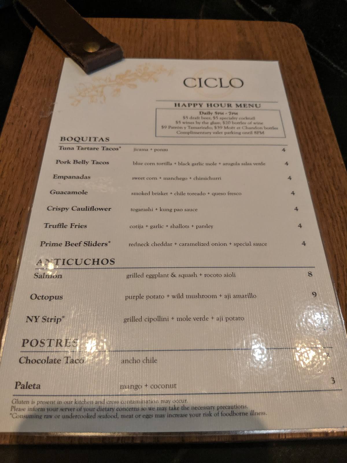 Menu at Ciclo steakhouse, Austin