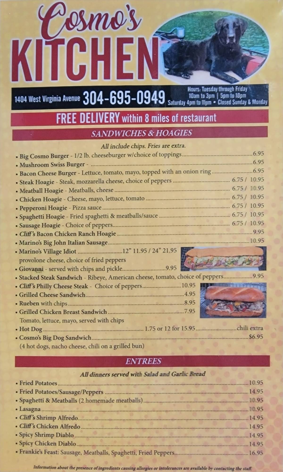 Menu at Cosmo’s Kitchen restaurant, Clarksburg
