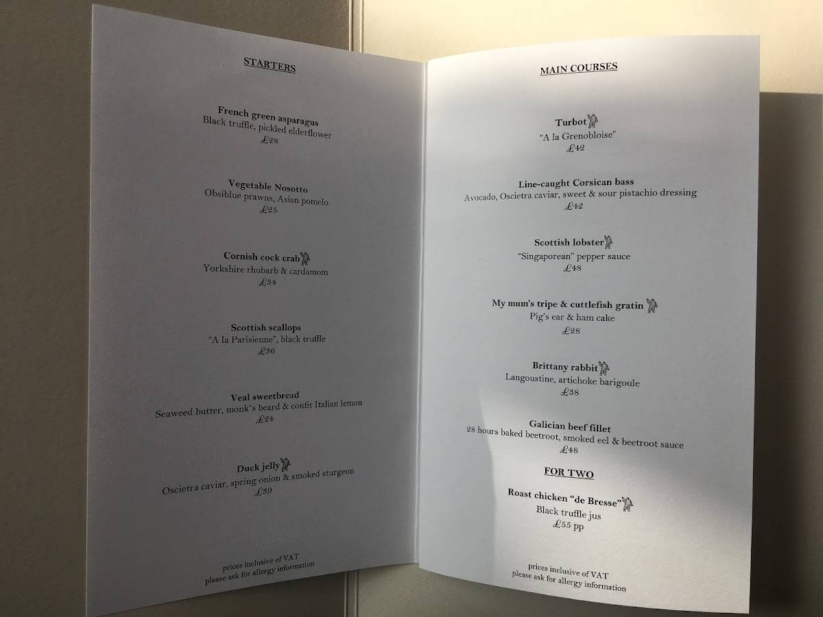 Menu at Claude Bosi at Bibendum pub & bar, London