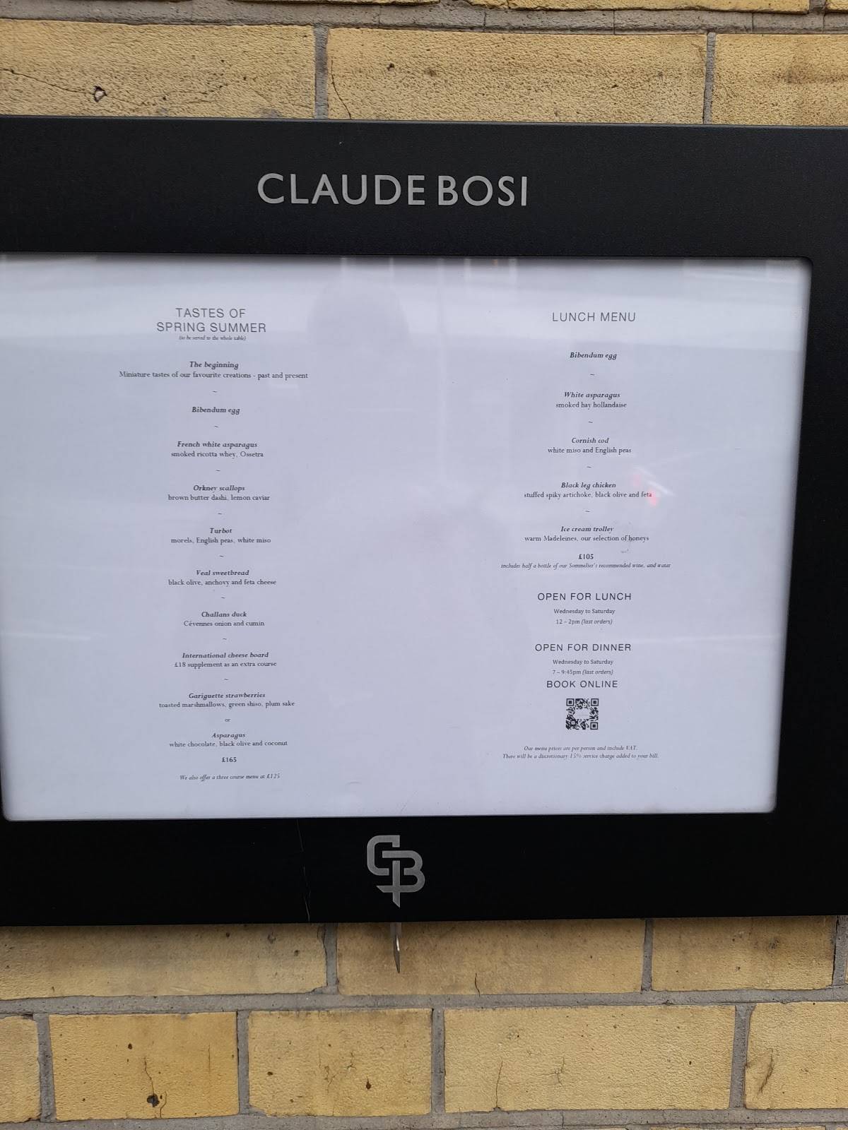 Menu at Claude Bosi at Bibendum pub & bar, London