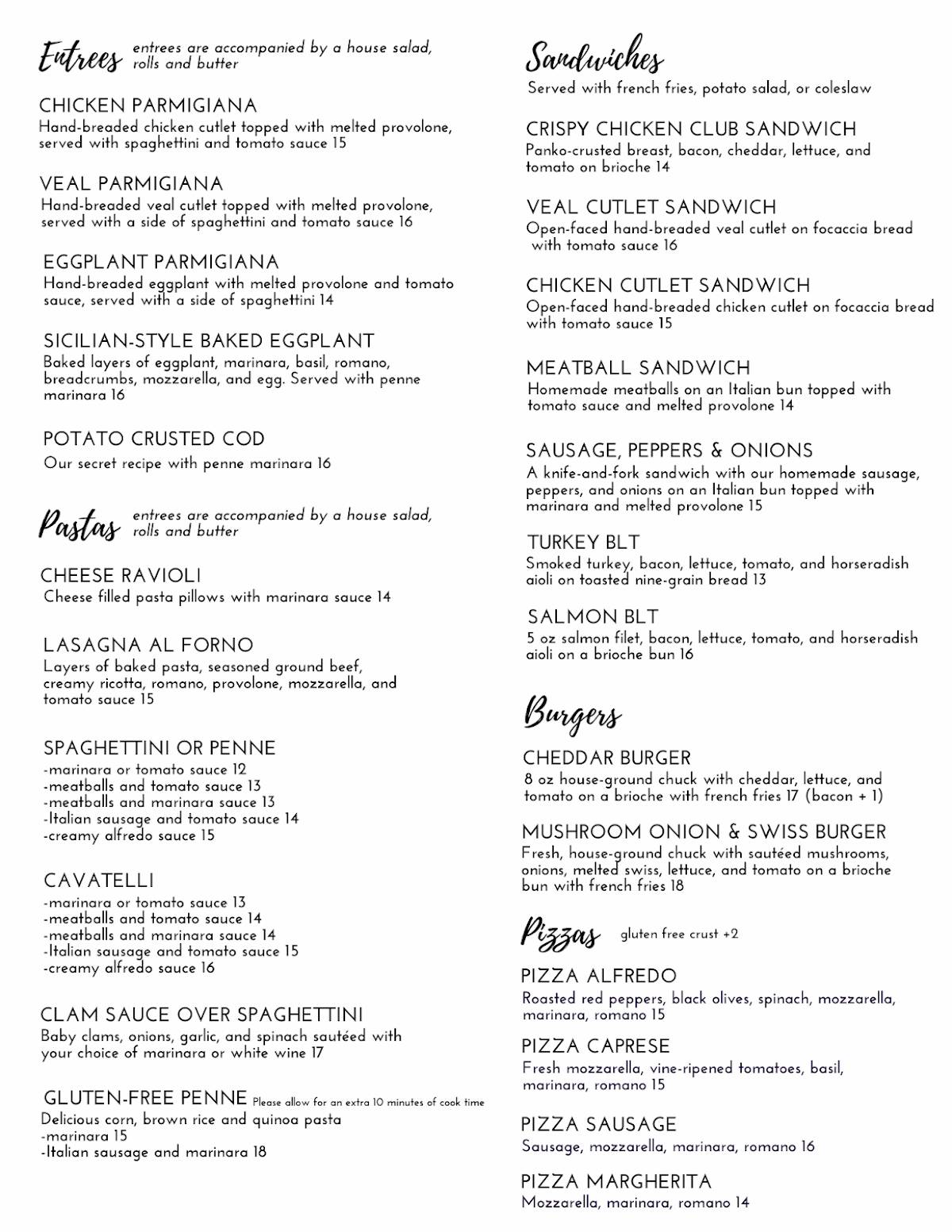 Menu at Alfredo's At the Inn Italian Restaurant, Mayfield