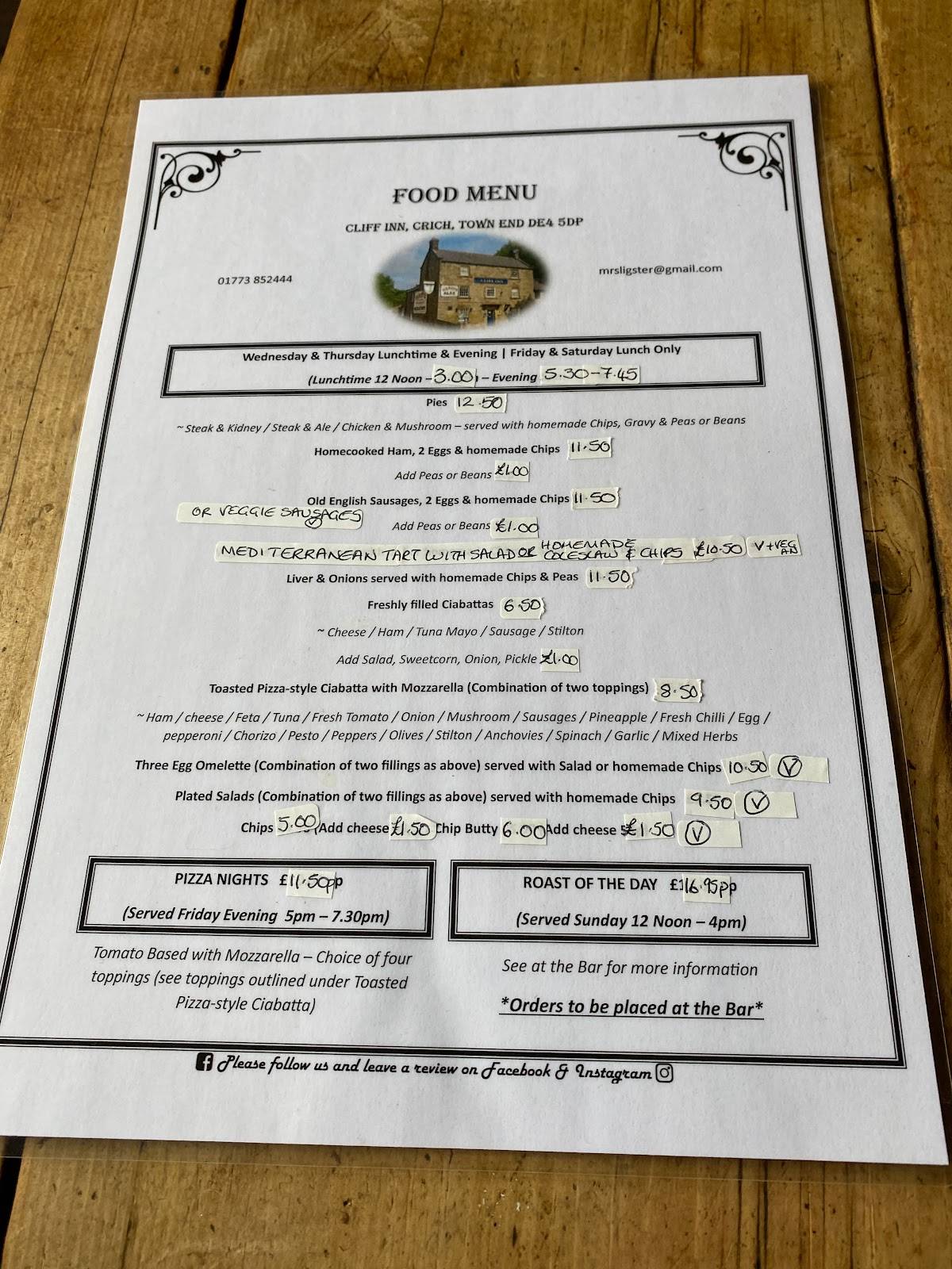 Menu at Cliff Inn pub & bar, Crich