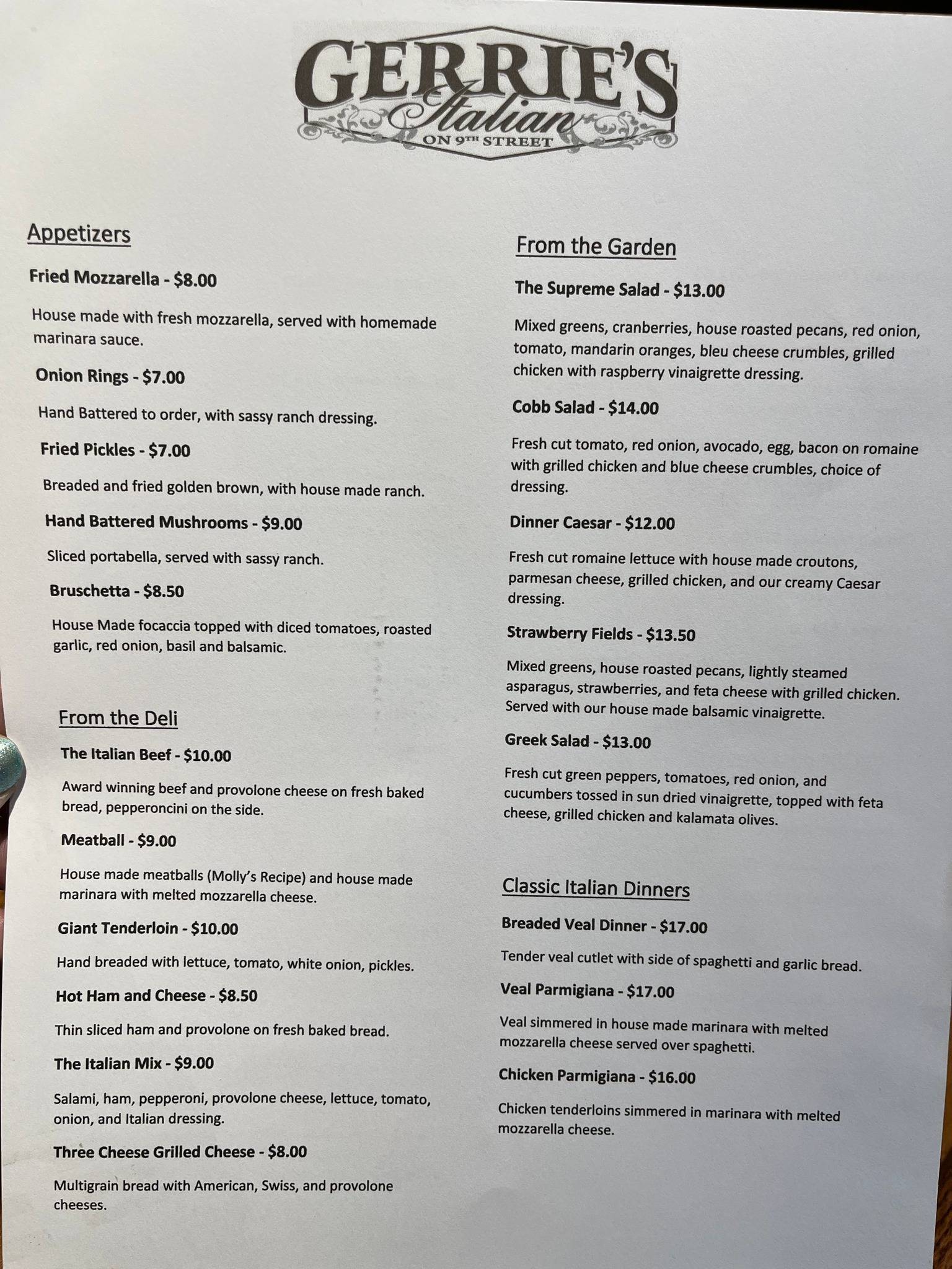 Menu at Gerrie's restaurant, Clinton