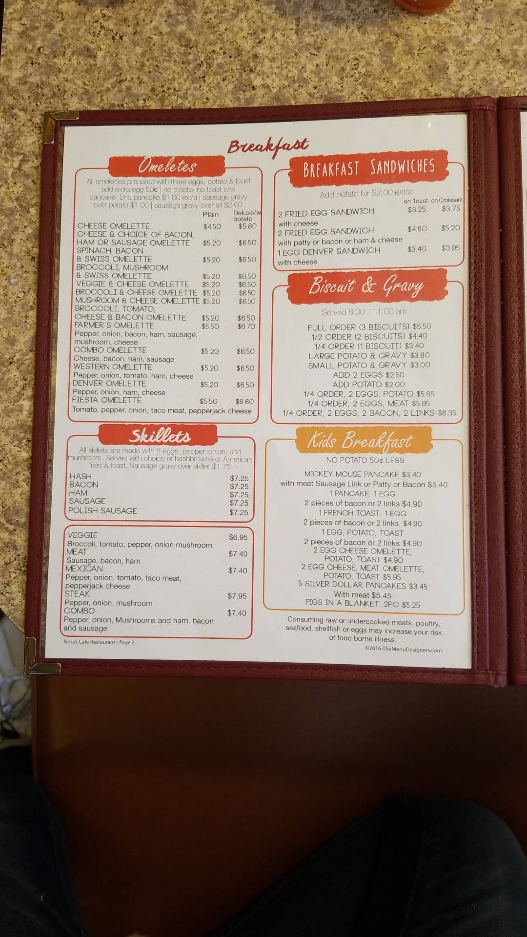 Menu at Nora's Café restaurant, Clinton