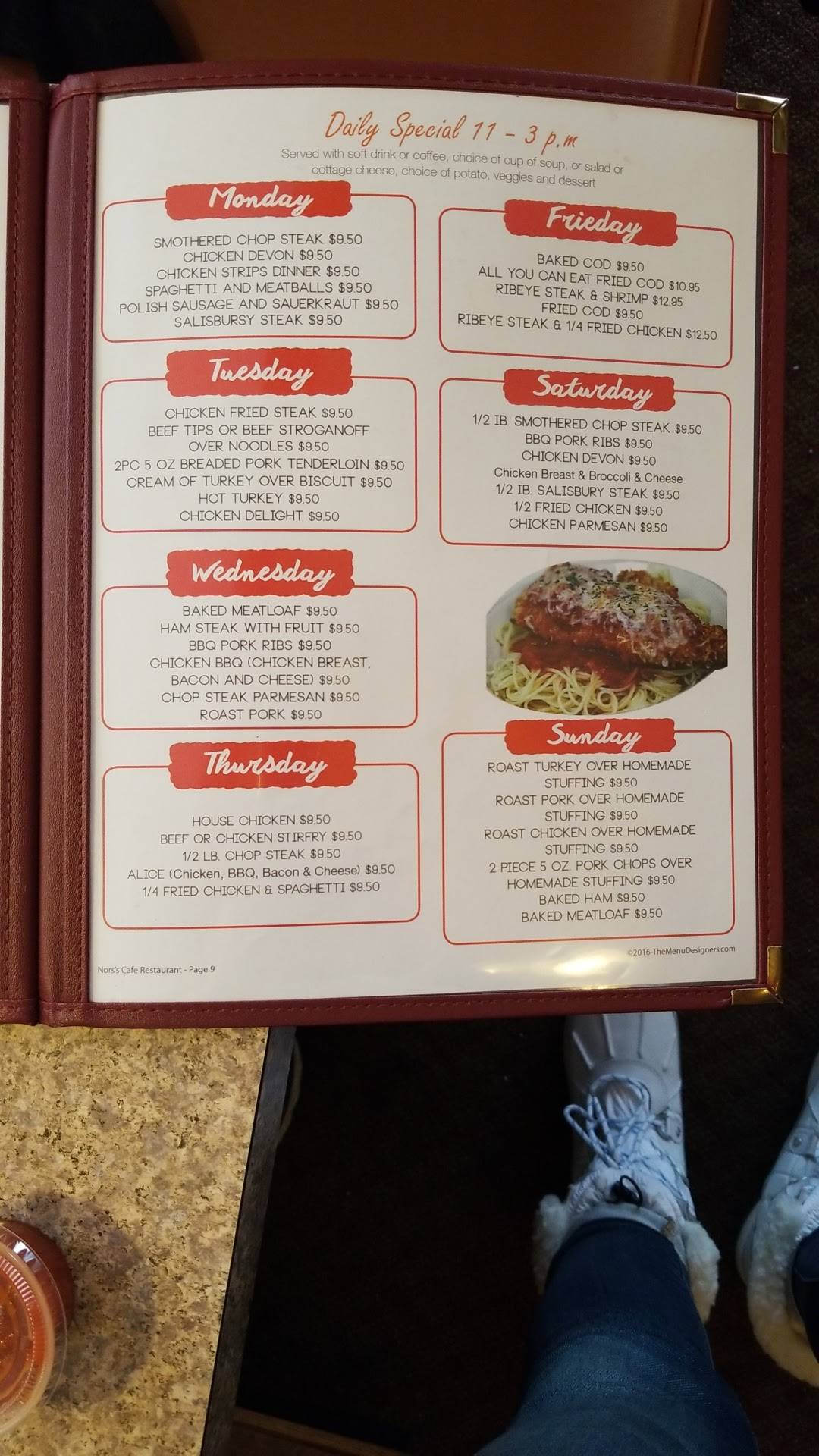 Menu at Nora's Café restaurant, Clinton