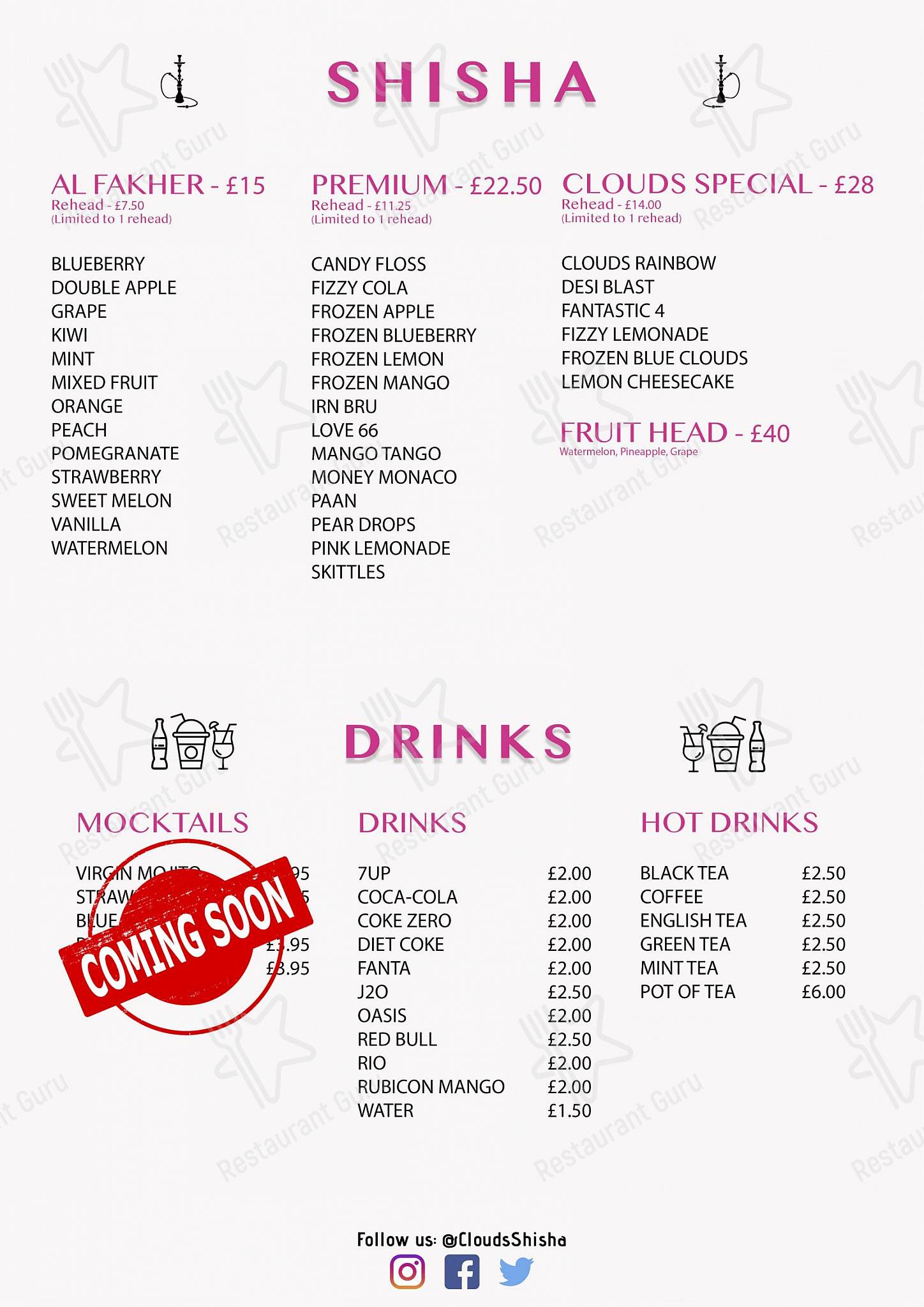 Menu at Clouds Shisha Lounge cafe, Southampton