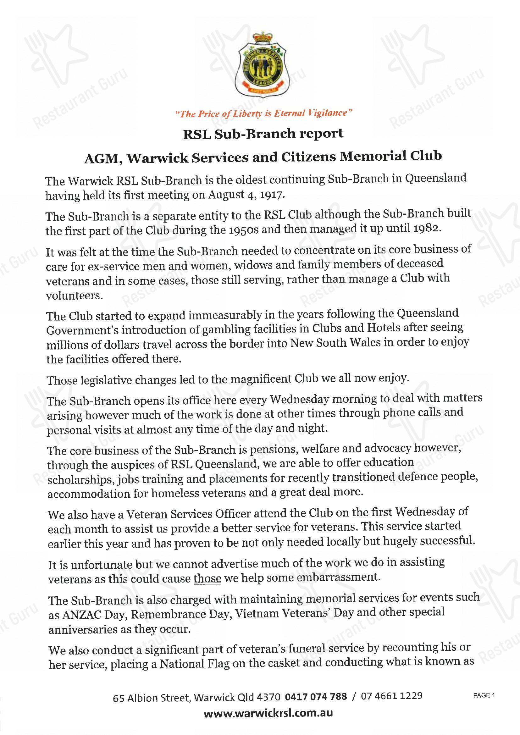 Menu at Club Warwick RSL, Warwick