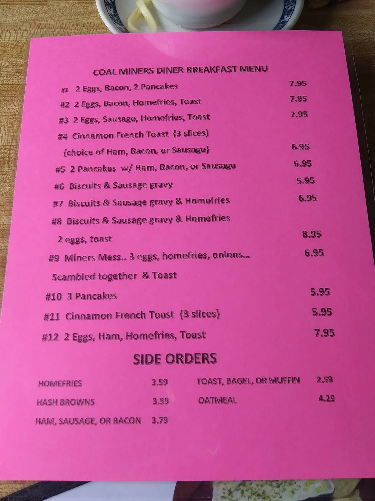 Menu at Coal Miner's Diner restaurant, Jennerstown