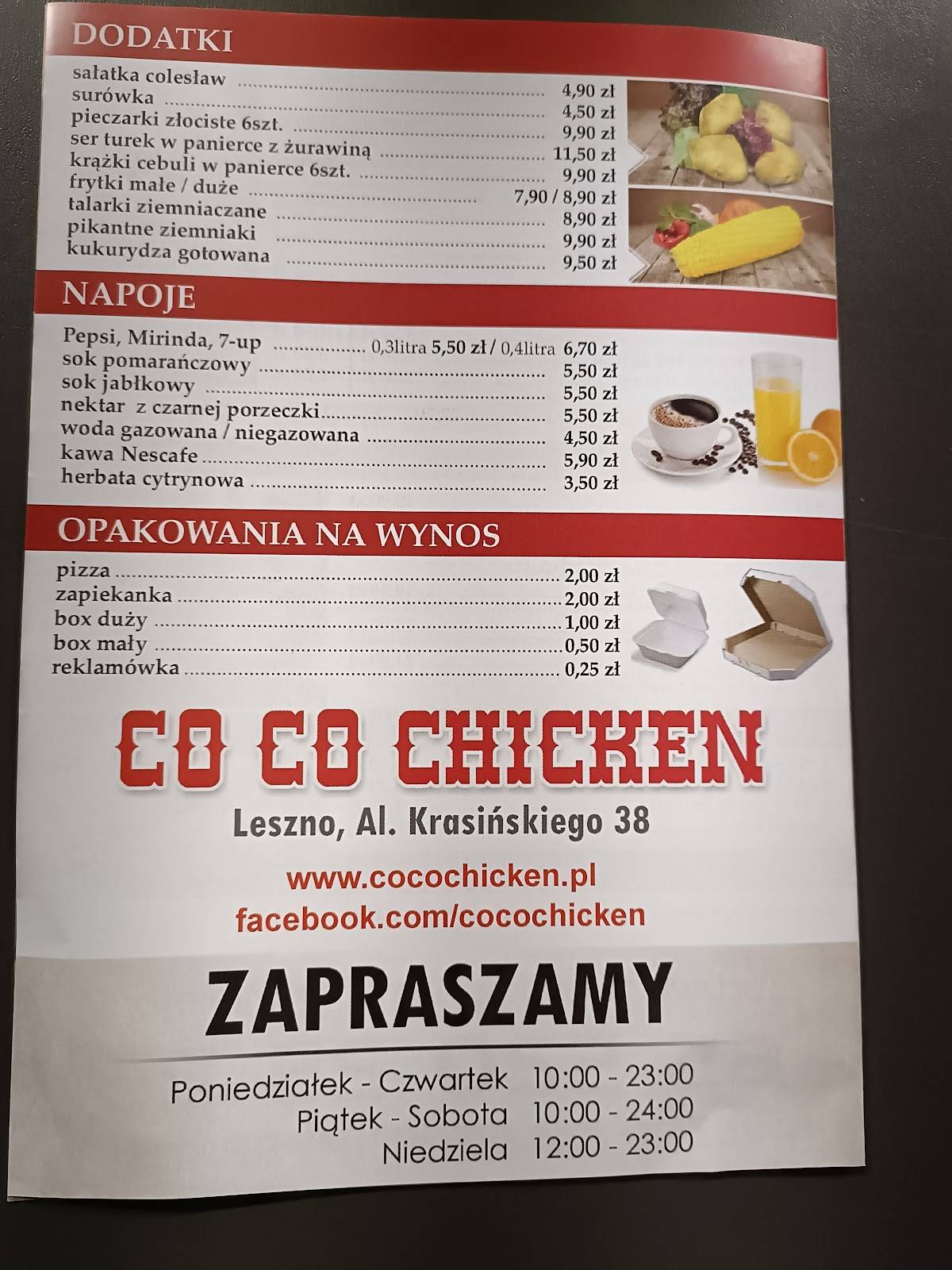 Menu at Coco Chicken restaurant, Leszno