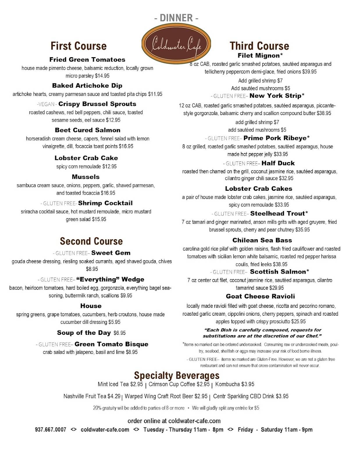 Menu at Coldwater Café restaurant, Tipp City