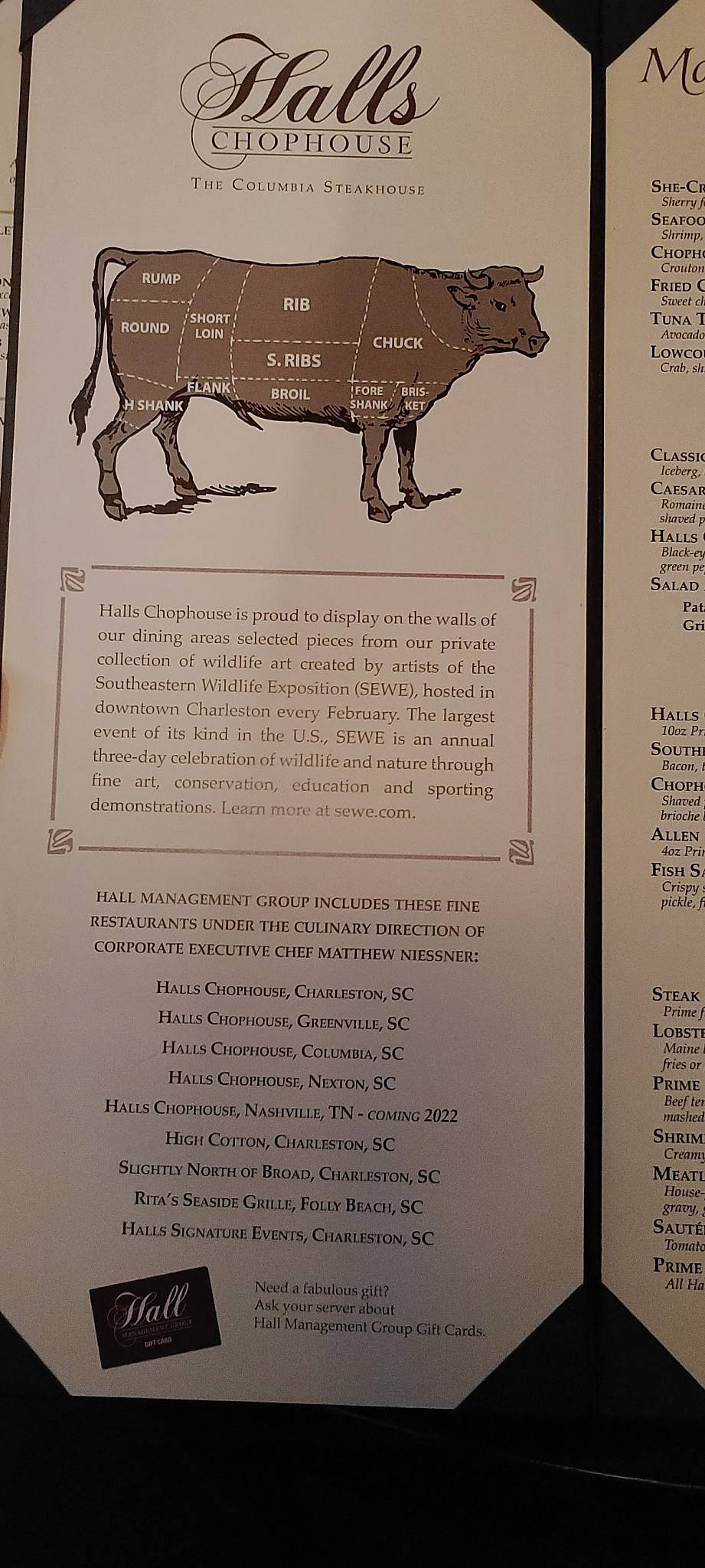 Menu at Halls Chophouse Columbia steakhouse, Columbia