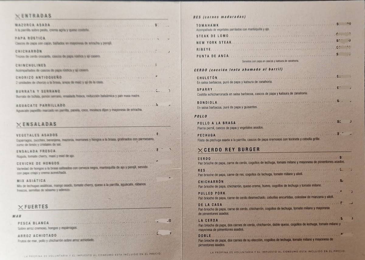 Carta del restaurante Compañía Casa del Rey, Bogotá