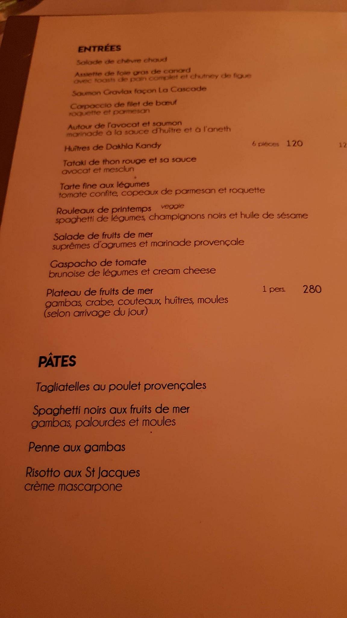 Menu au Complexe La Cascade restaurant, Casablanca