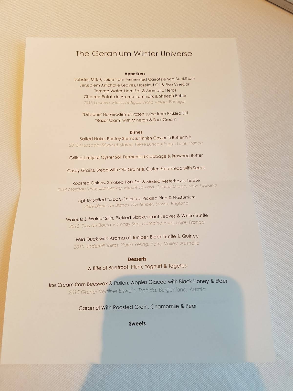 Menu at Geranium restaurant, Copenhagen